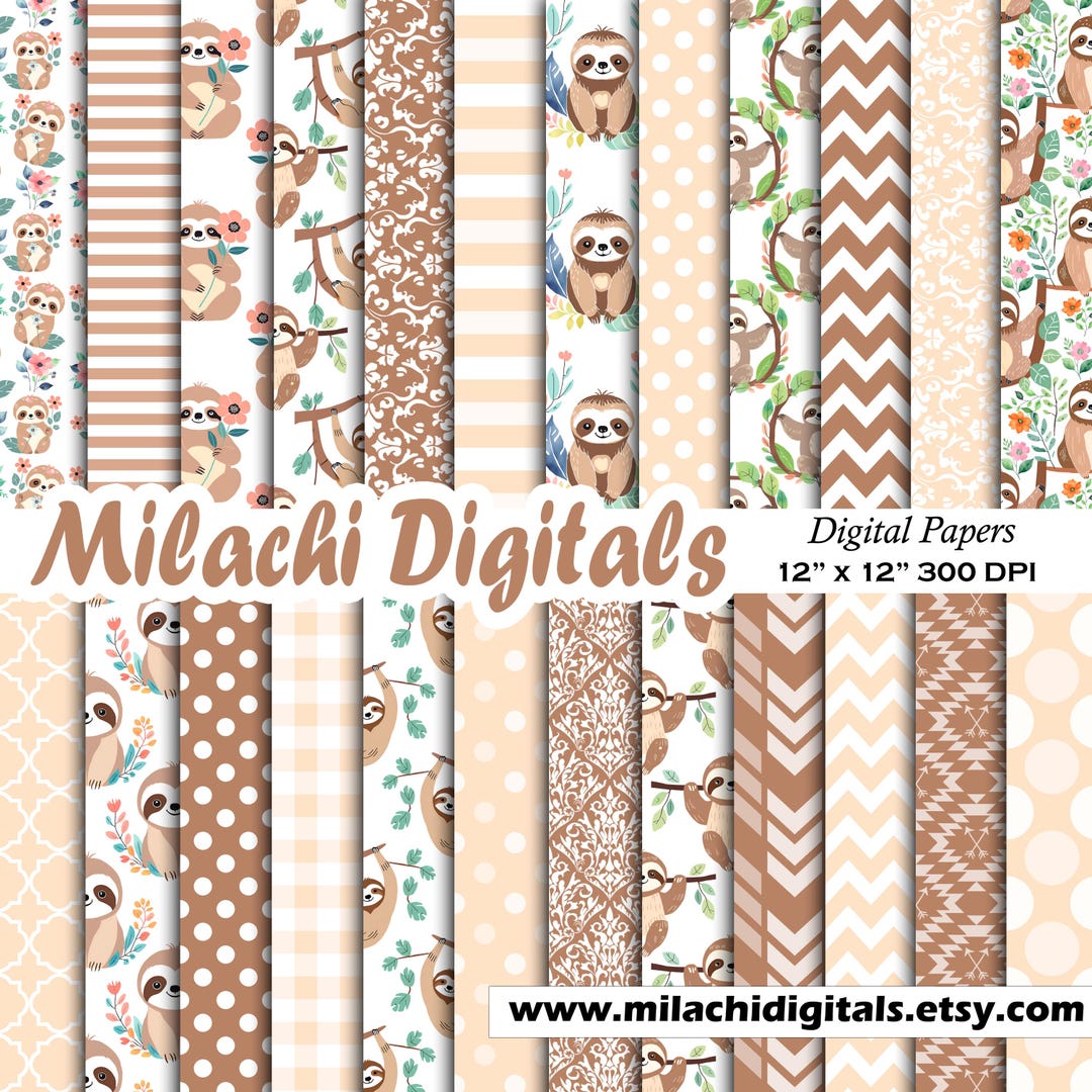 Watercolor Sloth Digital Paper Seamless 12"x12" Scrapbook Paper, Junk ...