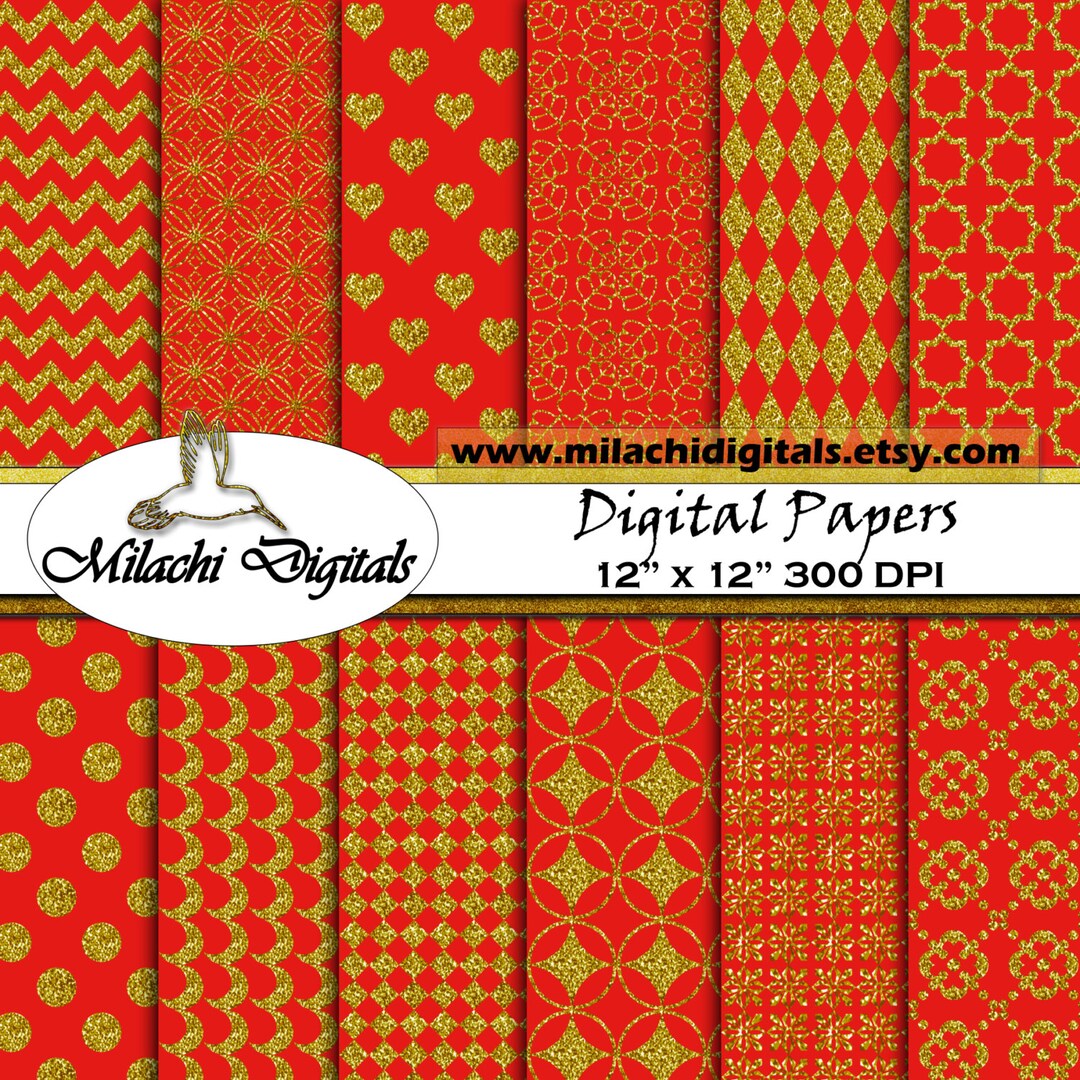 Glitter Gold and Red Digital Paper, Background, Scrapbook Papers ...