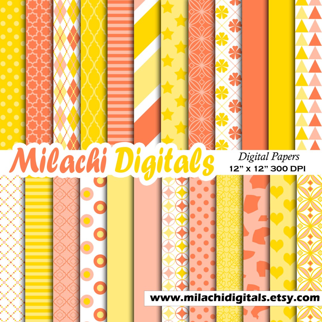 Coral and Yellow Digital Paper, Polka Dots, Stars, Hearts, Stripes ...