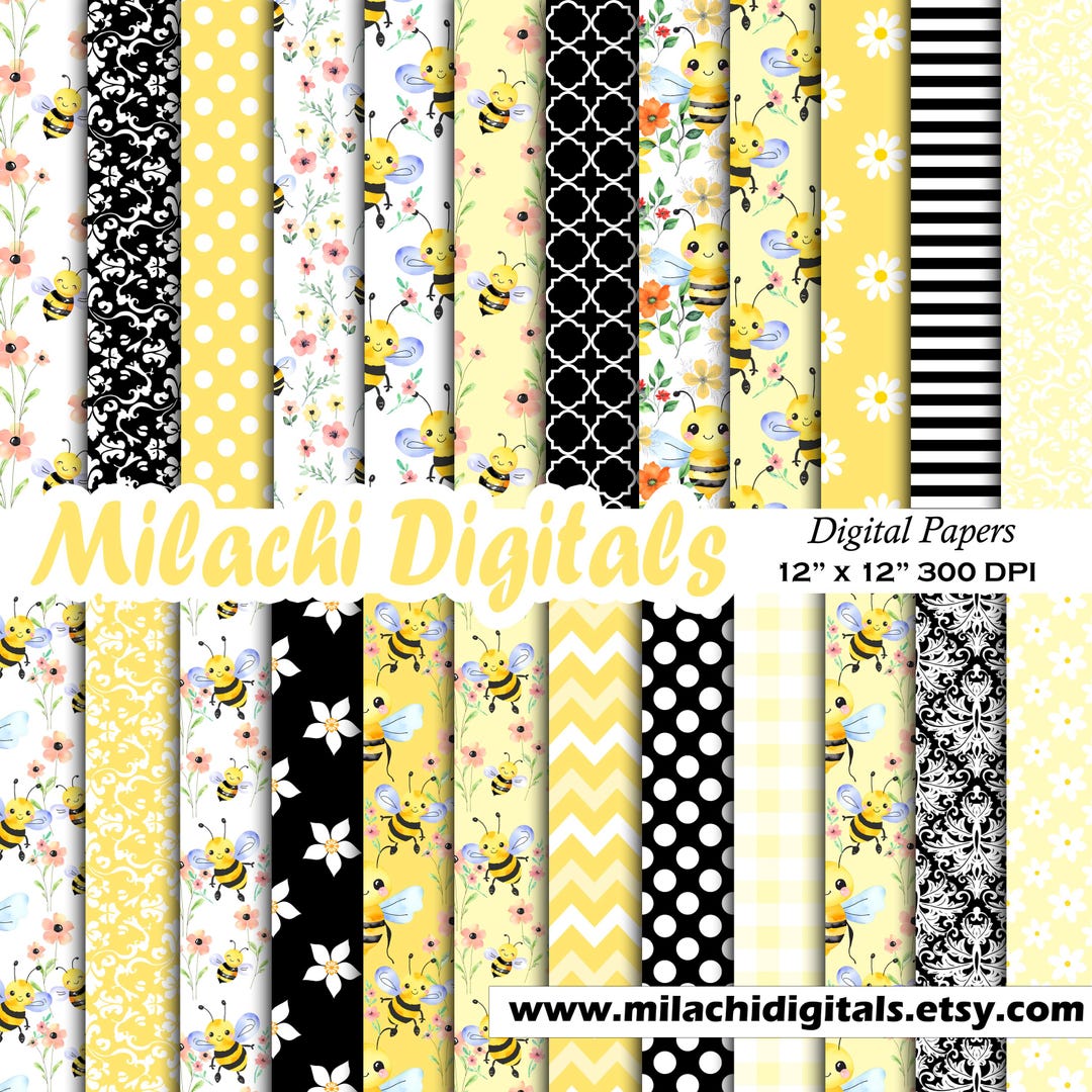 Cute Bee Digital Paper Seamless 12"x12" Scrapbook Paper, Junk Journal ...