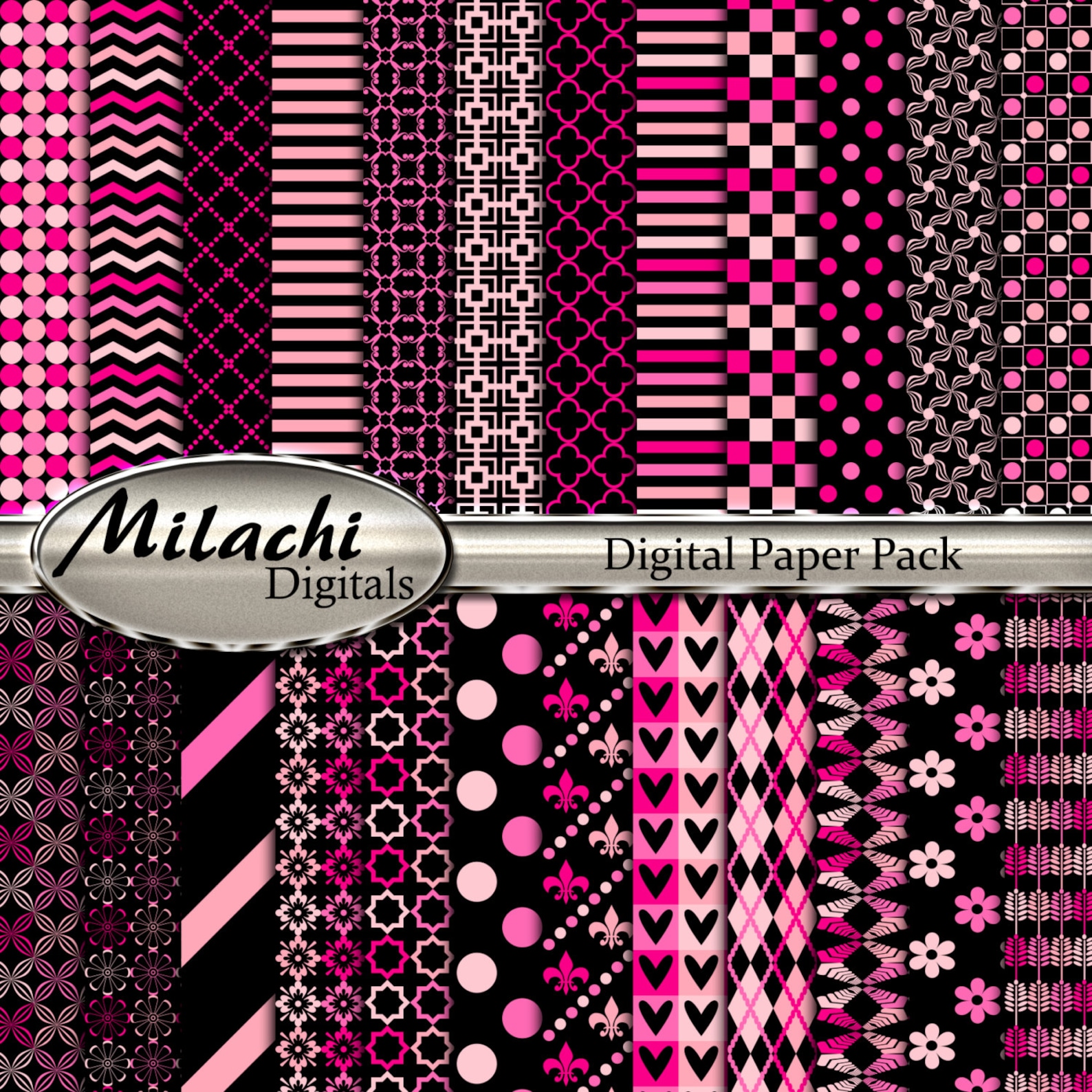Black and Pink Digital Paper Pack, Scrapbook Papers, Backgrounds ...