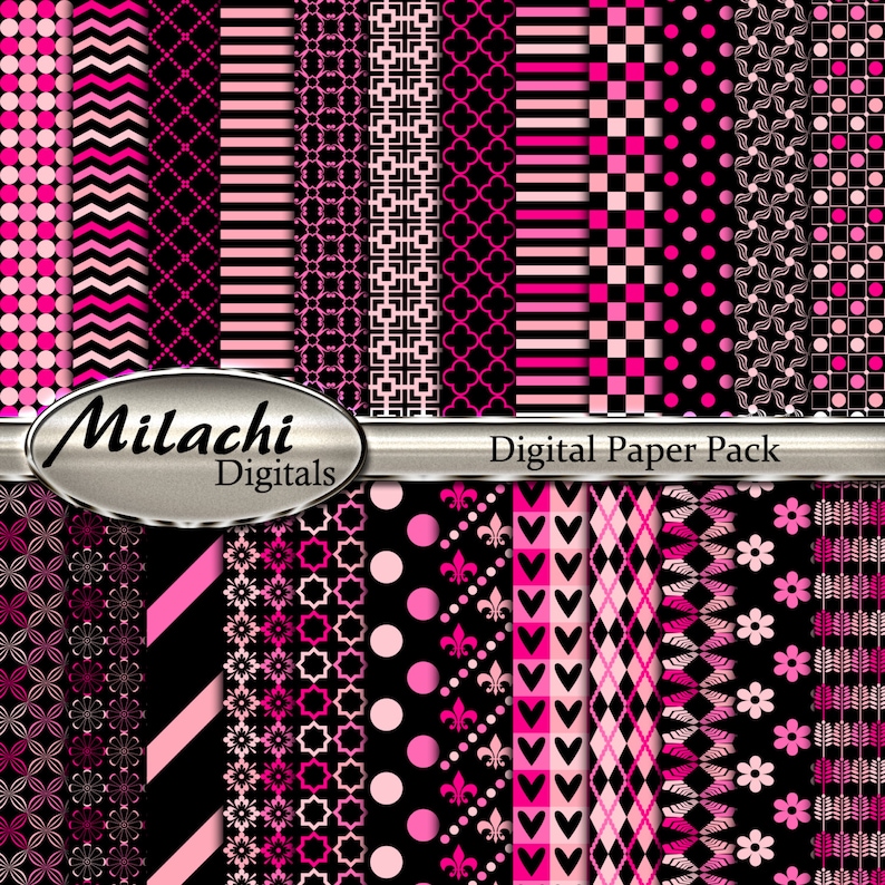 Black and Pink Digital Paper Pack, Scrapbook Papers, Backgrounds ...