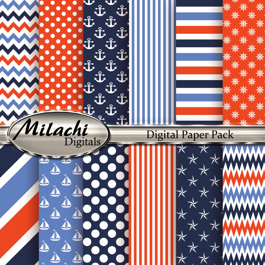 Nautical Orange Navy Blue Digital Paper Pack - Commercial Use - Instant ...