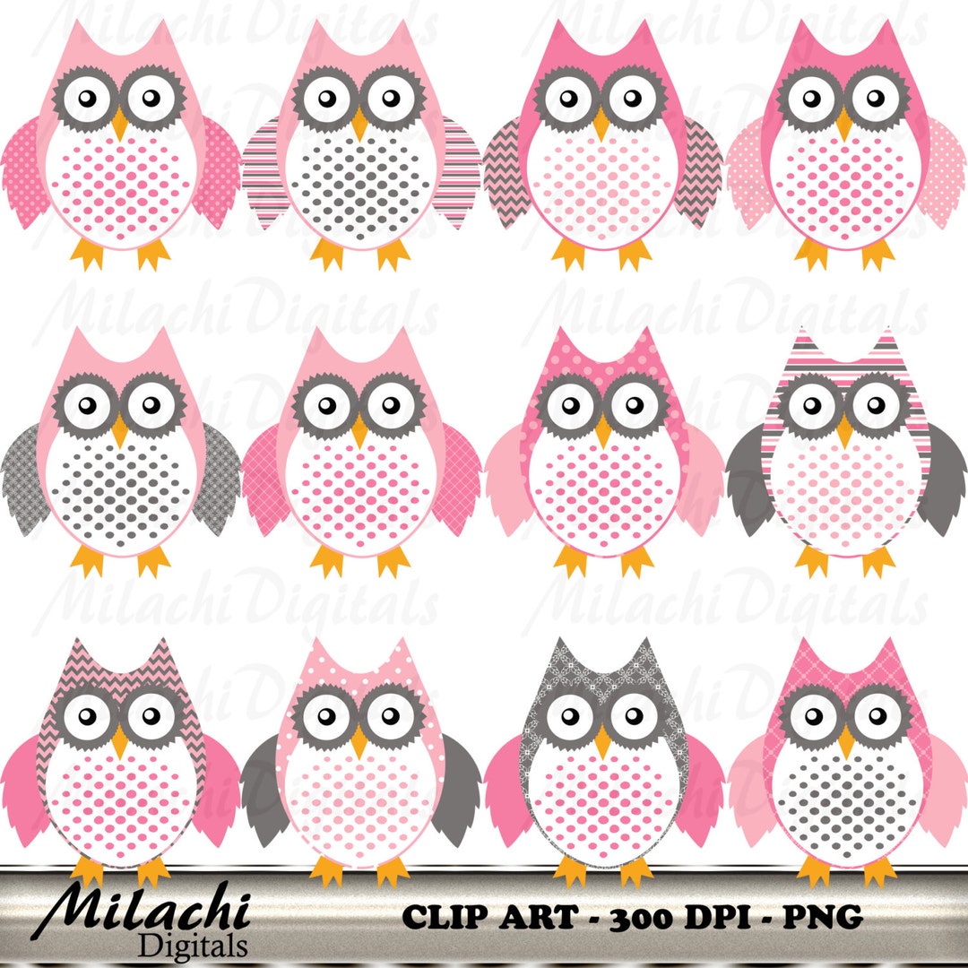 Pink and Gray Owl Clipart, Digital Clip Art, Printable, Commercial Use ...