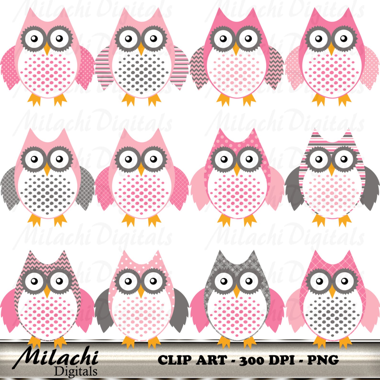 Pink and Gray Owl Clipart, Digital Clip Art, Printable, Commercial Use ...