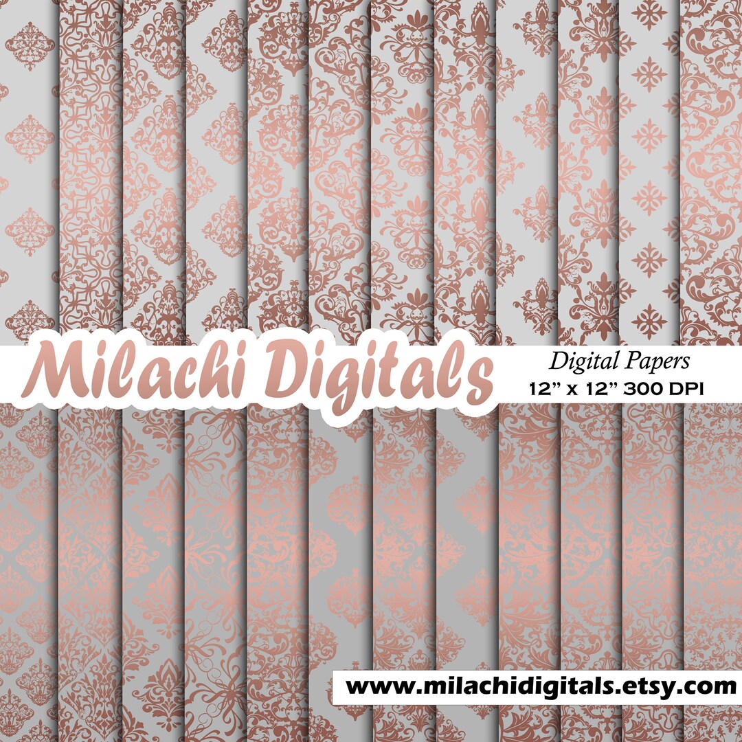 Gray and Rose Gold Damask Digital Paper, Seamless Damask Patterns ...