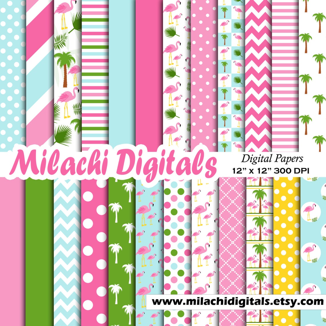 Pink Flamingo Digital Paper, Tropical Scrapbook Papers, Palm Tree ...