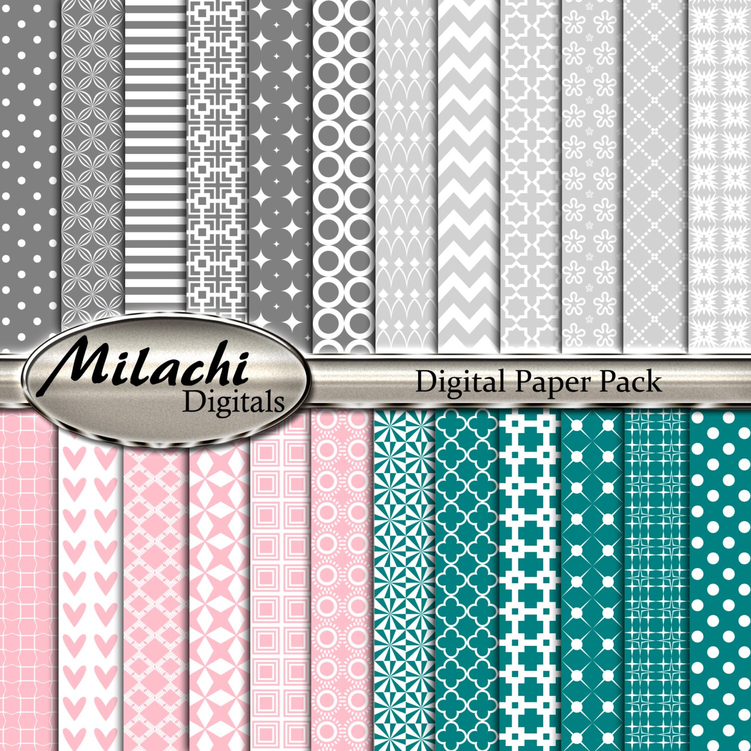 Gray Pink Teal Digital Paper Pack, Scrapbook Papers, Commercial Use ...