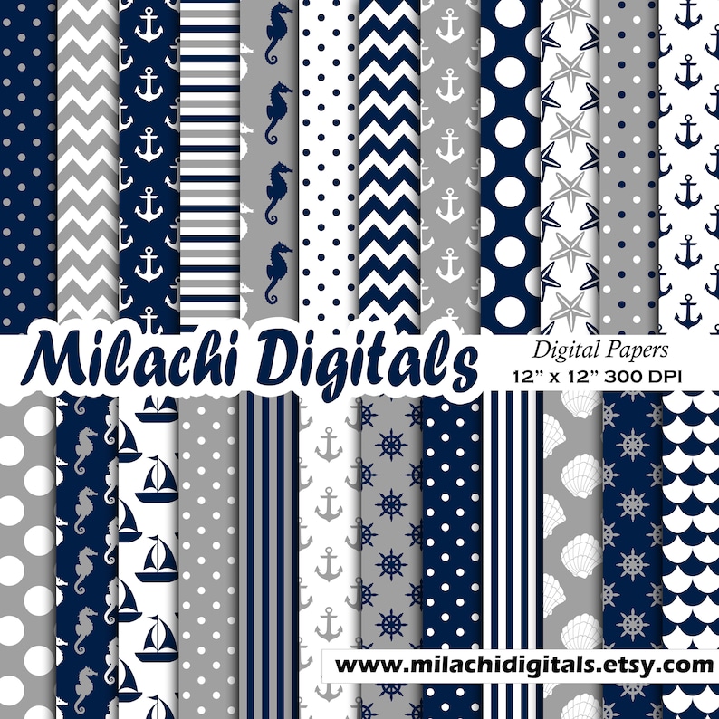 Nautical Digital Paper Ahoy Scrapbook Papers Chevron | Etsy