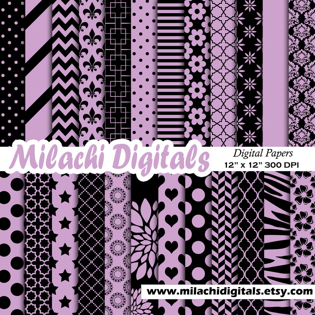 Black and Purple Digital Paper, Damask Scrapbook Papers, Chevron ...
