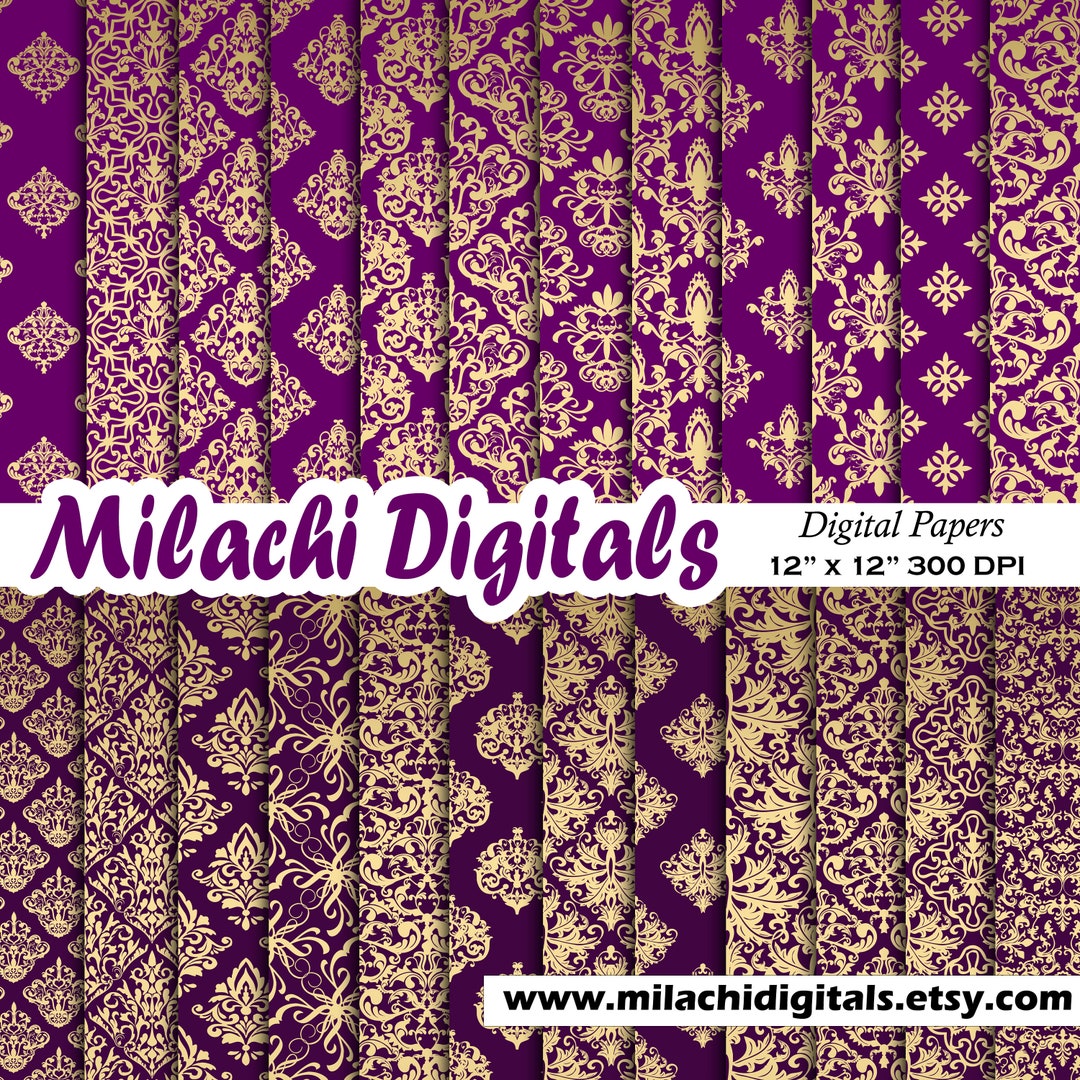 Purple and Gold Damask Digital Paper, Seamless Gold Patterns, Purple ...
