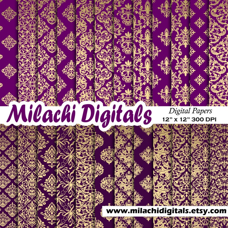 Purple and Gold Damask Digital Paper Seamless Gold Patterns - Etsy