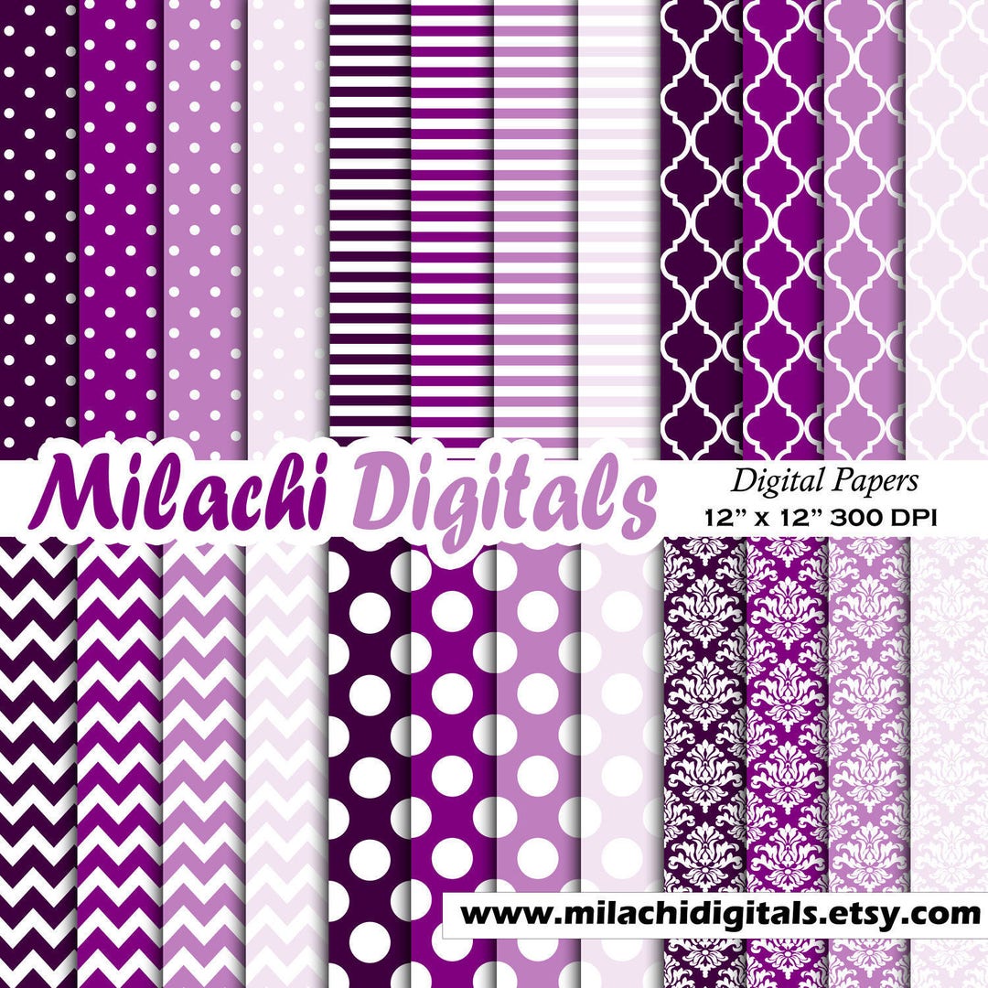 Purple Digital Paper, Scrapbook Papers, Background, Polka Dots, Stripes ...