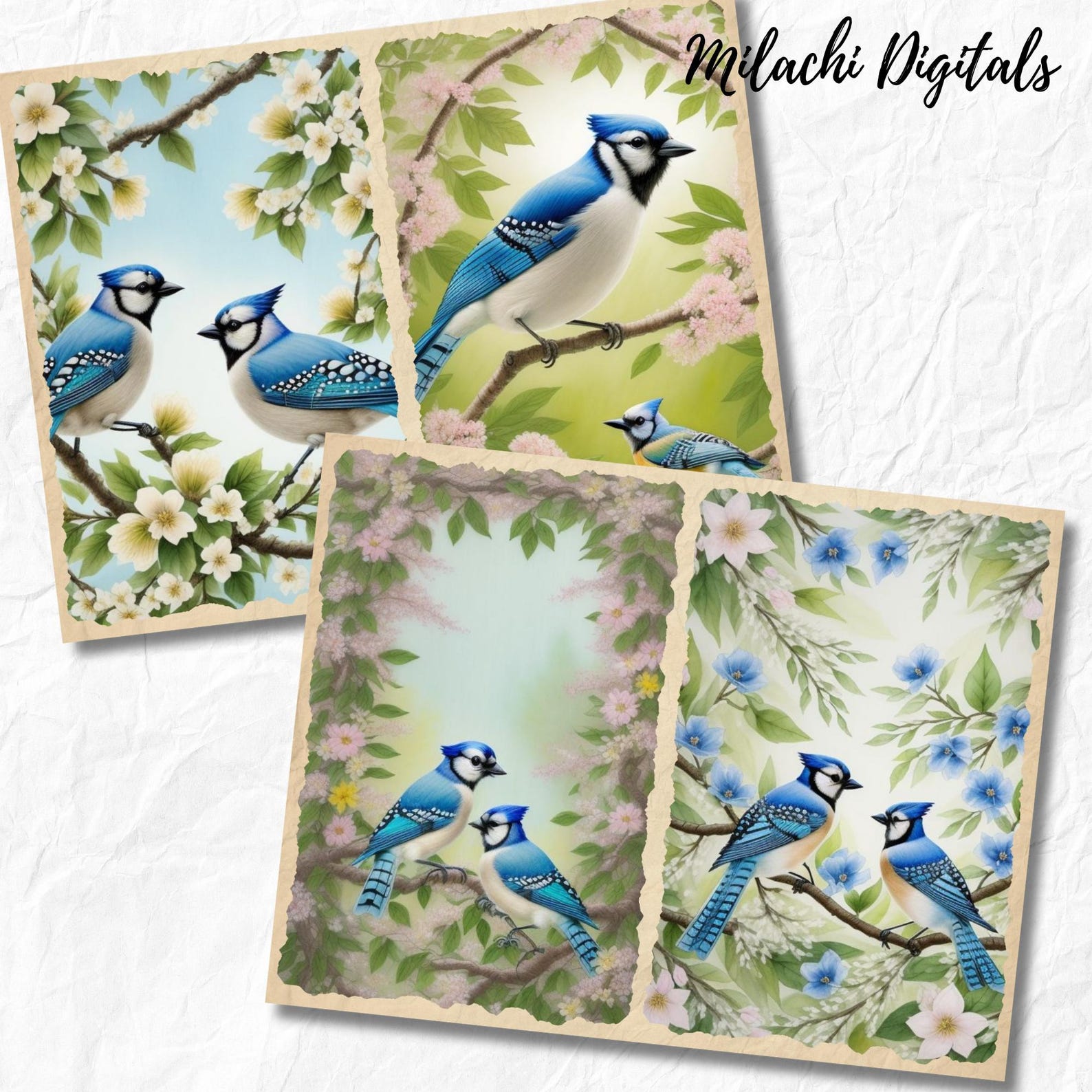 Blue Jay Junk Journal Paper Printable, Birds Scrapbook Paper, Blue Bird ...