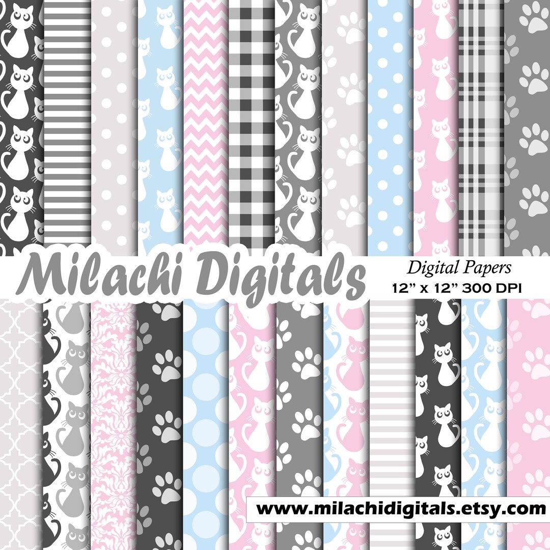 Cat Digital Paper Pack, Birthday Scrapbook Papers, Seamless Backgrounds ...