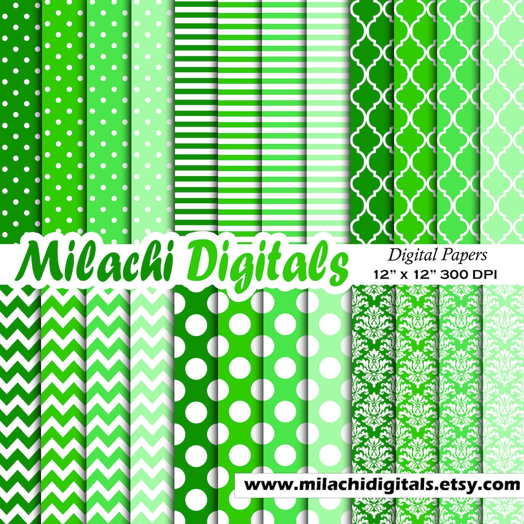 Green Digital Paper, Scrapbook Papers, Background, Polka Dots, Stripes ...