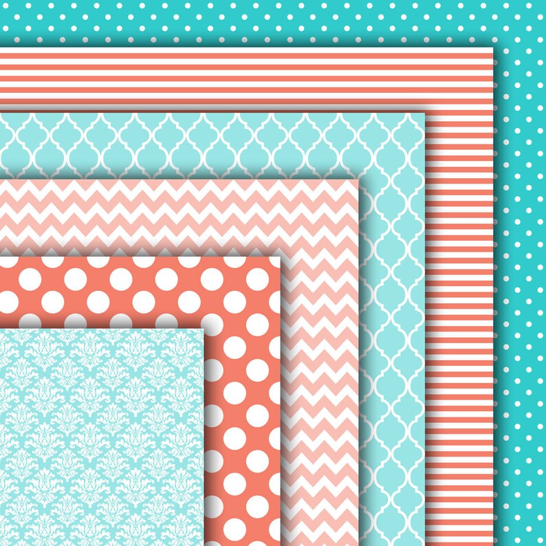 Coral and Turquoise Digital Paper Scrapbook Papers | Etsy