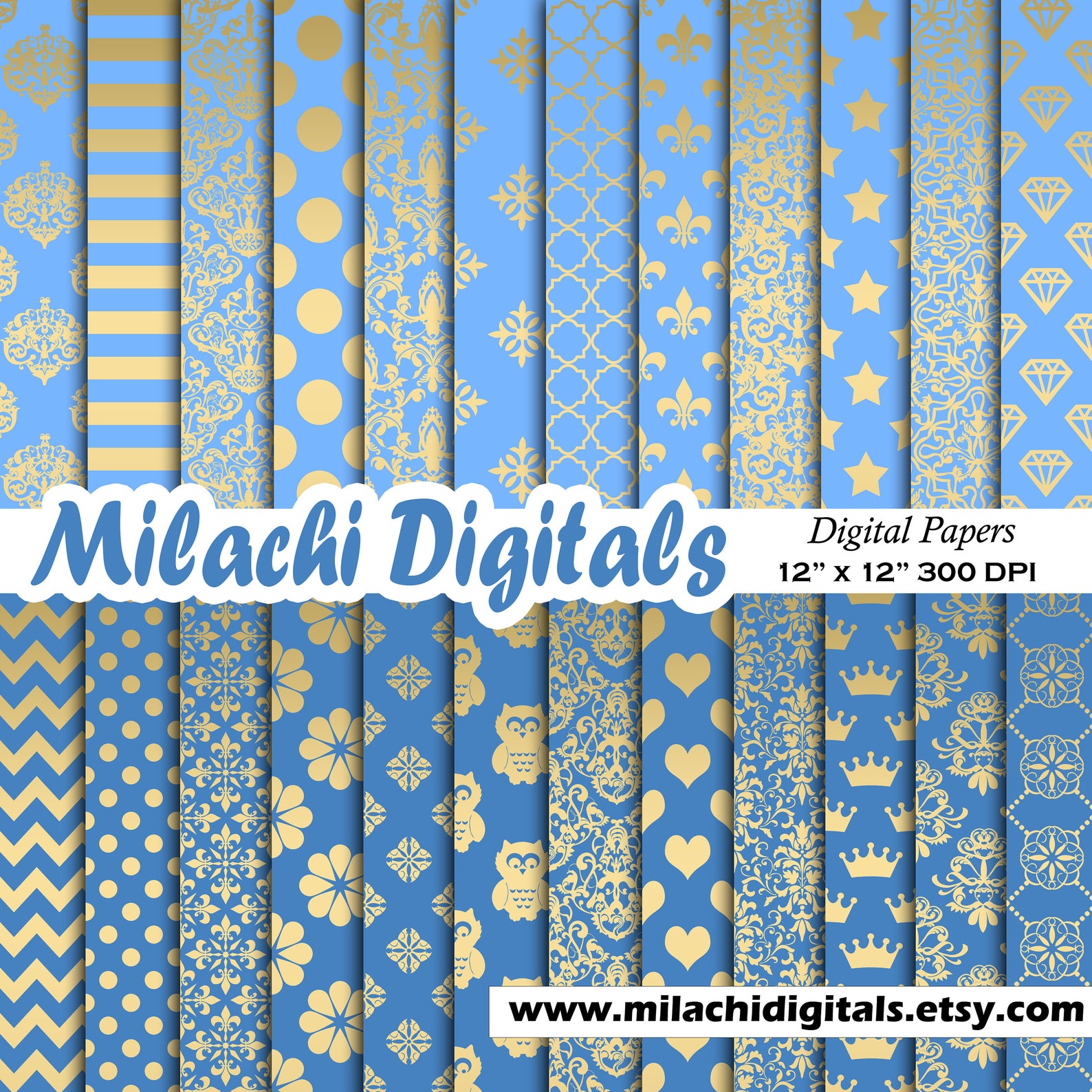Blue and Gold Digital Paper Royal Gold Patterns Seamless - Etsy