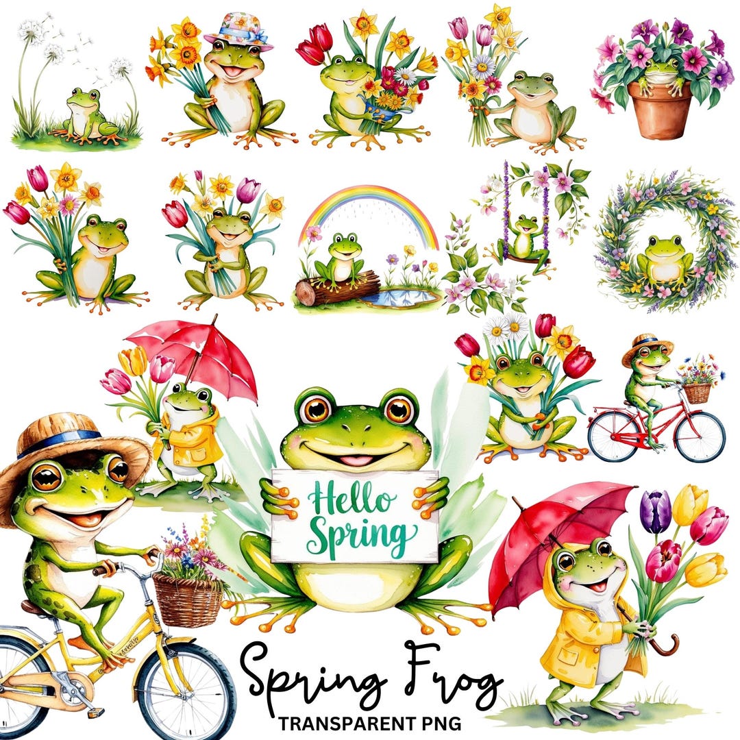 Spring Frog Clipart Set | 16 Individual High-quality PNG Images | Cute ...