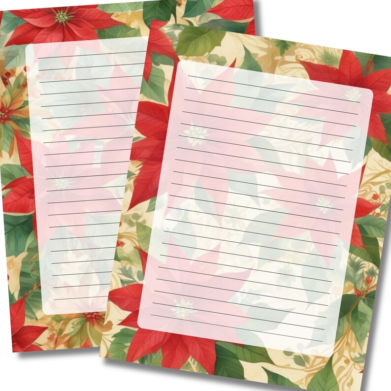 Christmas Poinsettia Printable Lined Writing Paper Stationery - Festive ...
