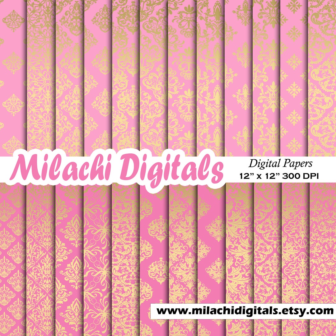 Pink and Gold Damask Digital Paper, Seamless Gold Patterns, Baby Shower ...