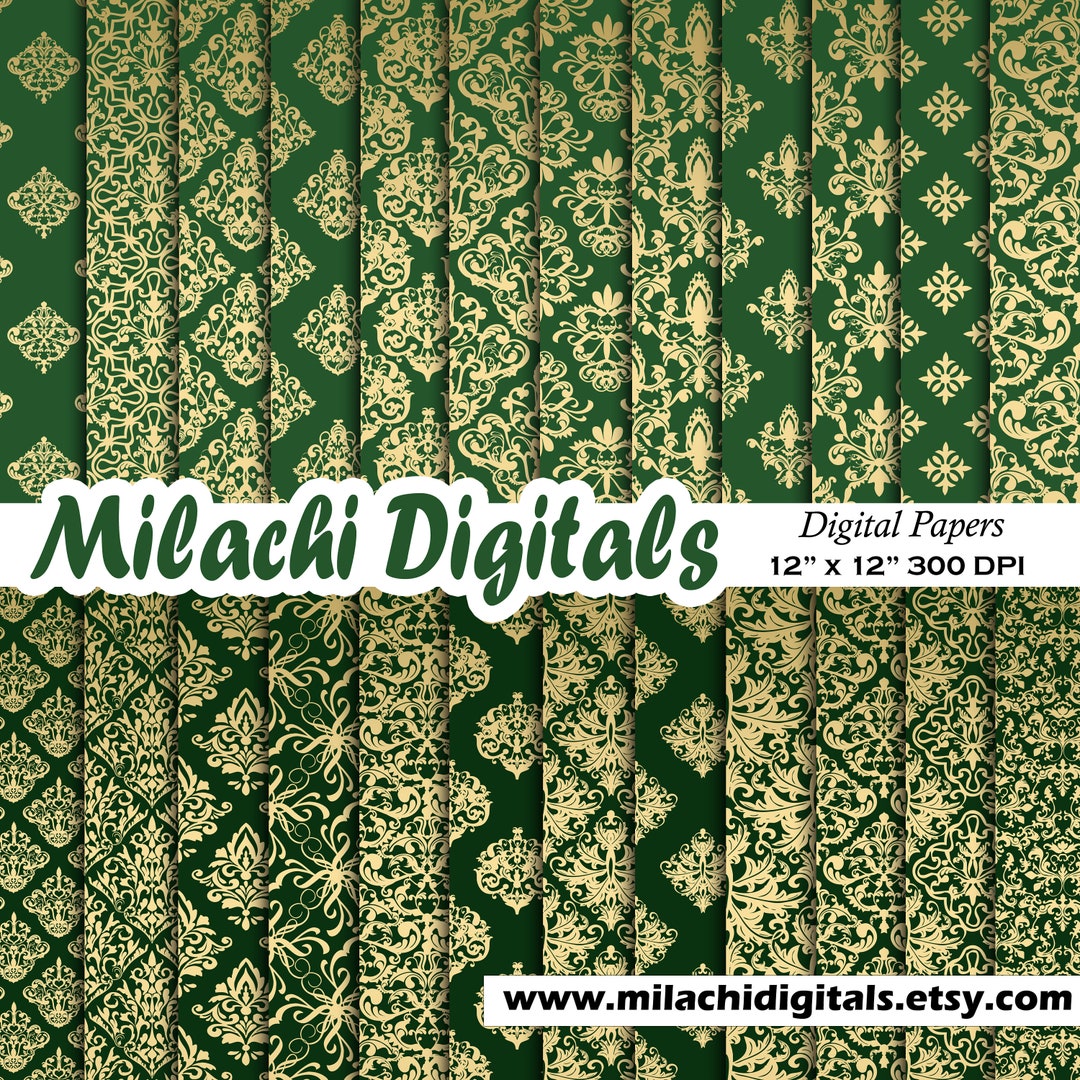 Green and Gold Damask Digital Paper, Seamless Gold Patterns, Scrapbook ...