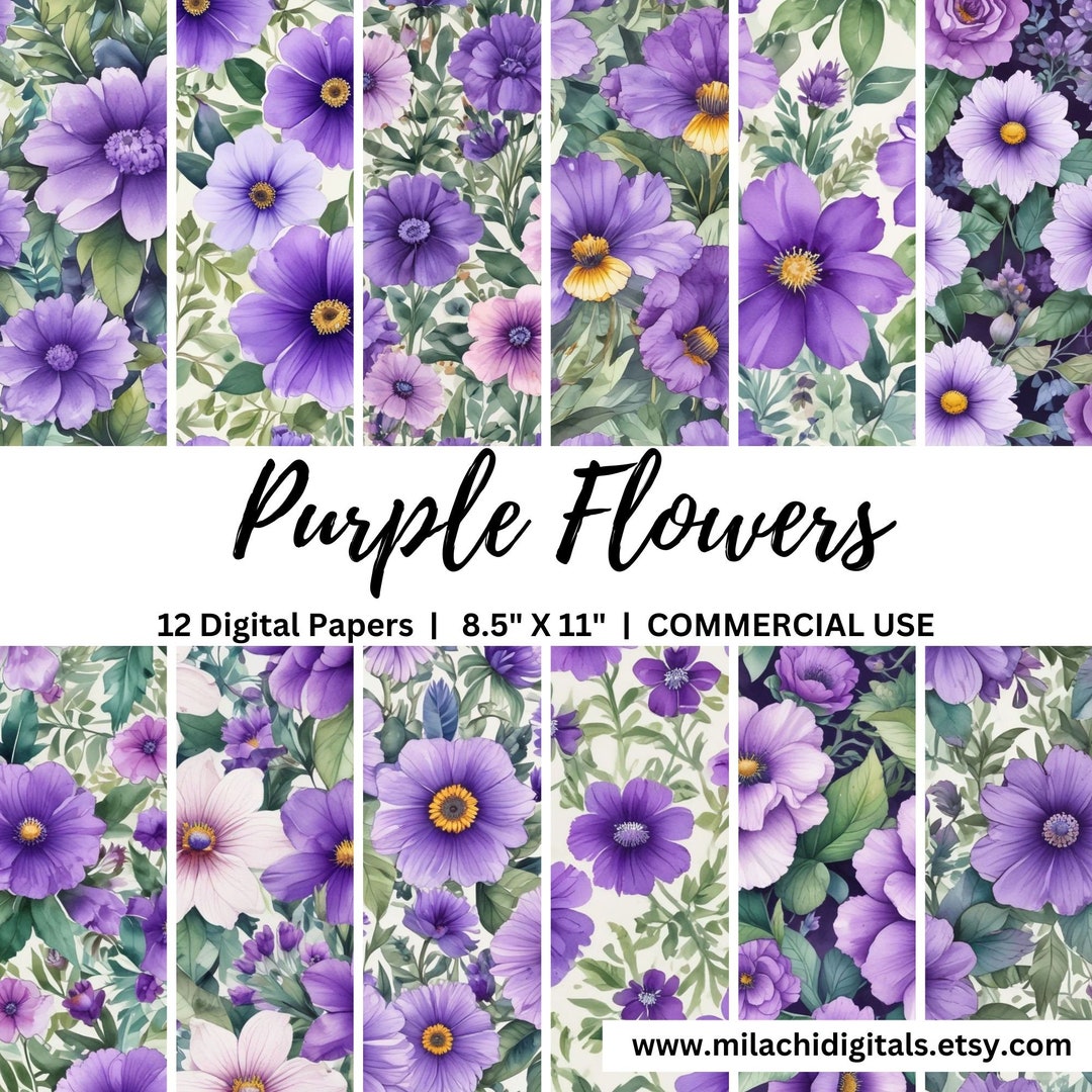 Purple Flowers Digital Paper Pack 8.5"x11", Floral Junk Journal ...