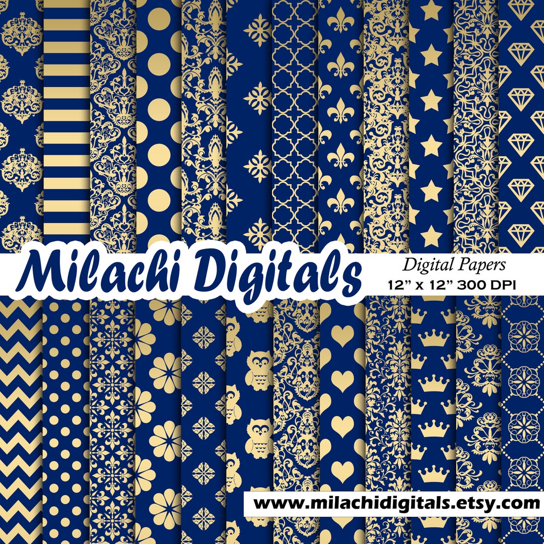 Royal Blue and Gold Digital Paper, Seamless Gold Patterns, Crown, Owl ...