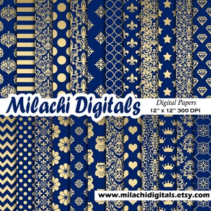 Royal Blue and Gold Digital Paper, Seamless Gold Patterns, Crown, Owl ...
