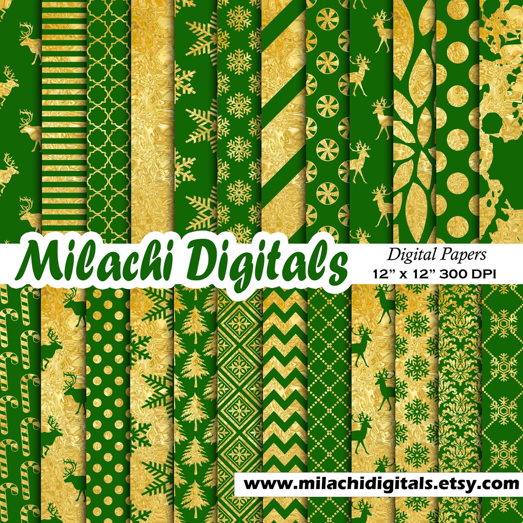 Green and Gold Christmas Digital Paper, Holiday Scrapbook Papers ...