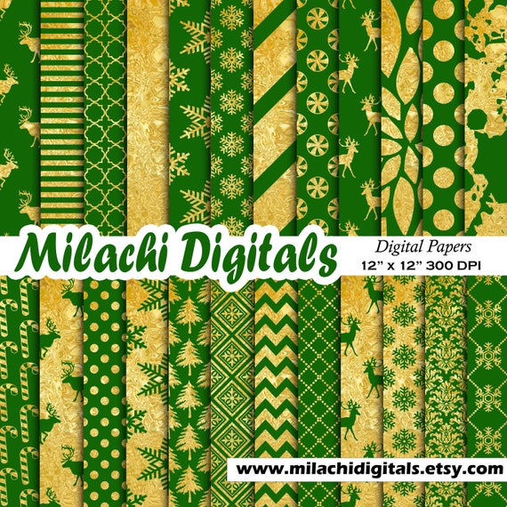 Green and Gold Christmas Digital Paper Holiday Scrapbook - Etsy