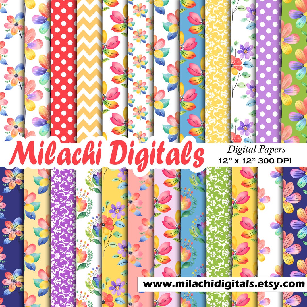 Rainbow Flowers Digital Paper, Seamless 12"x12" Scrapbook Paper, Junk ...