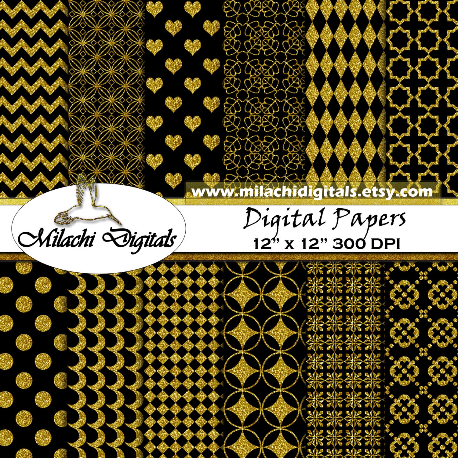 Glitter Gold and Black Digital Paper, Background, Scrapbook Papers ...