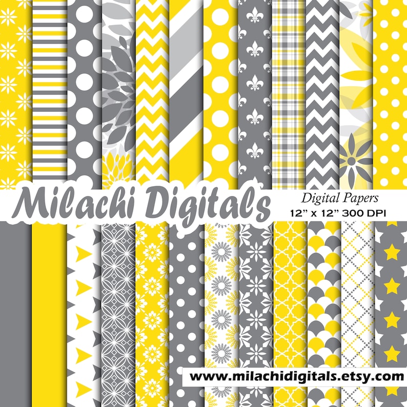 Grey and Yellow Digital Paper Scrapbook Papers Wallpaper - Etsy