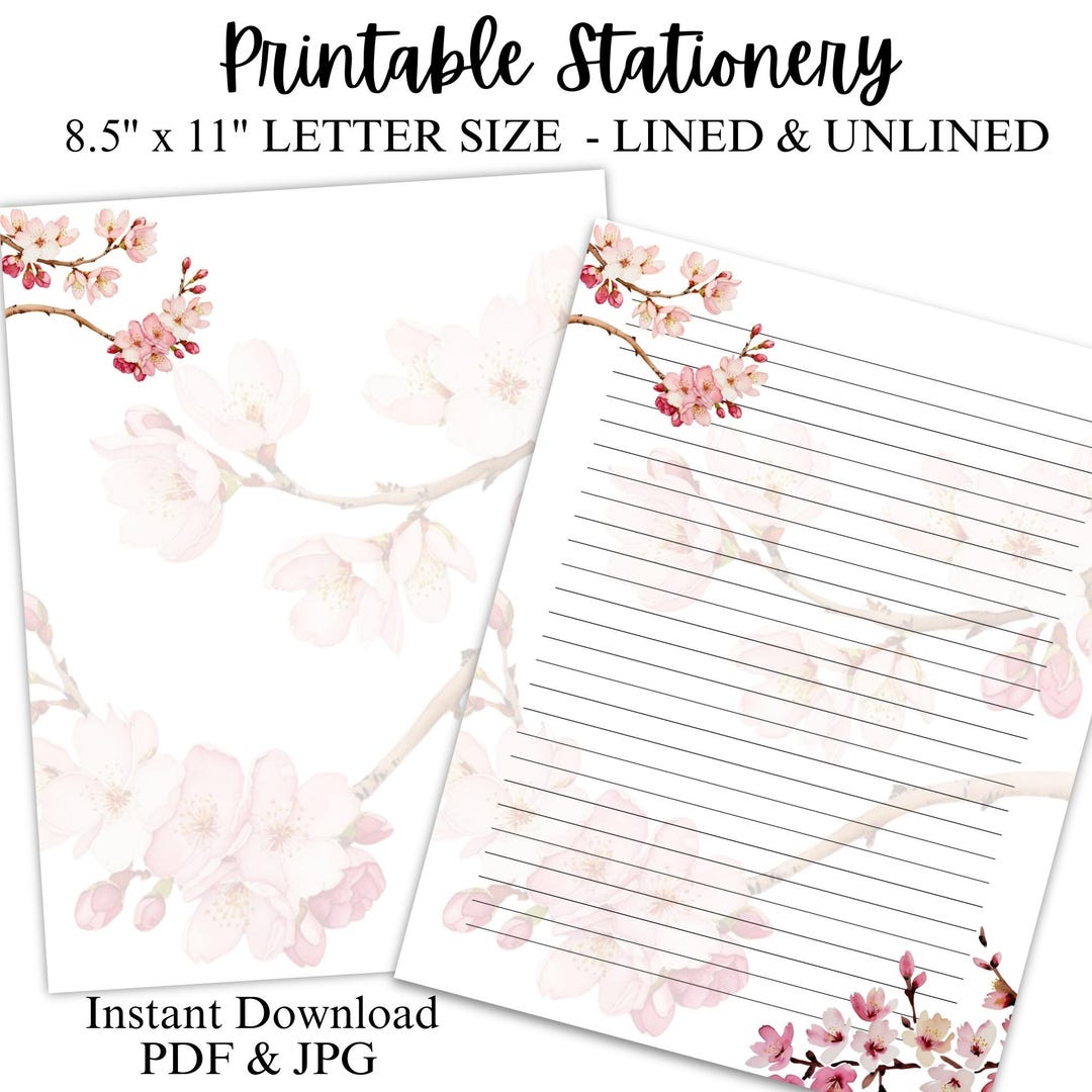 Cherry Blossom Printable Stationery, Lined & Unlined Paper PDF and JPG ...