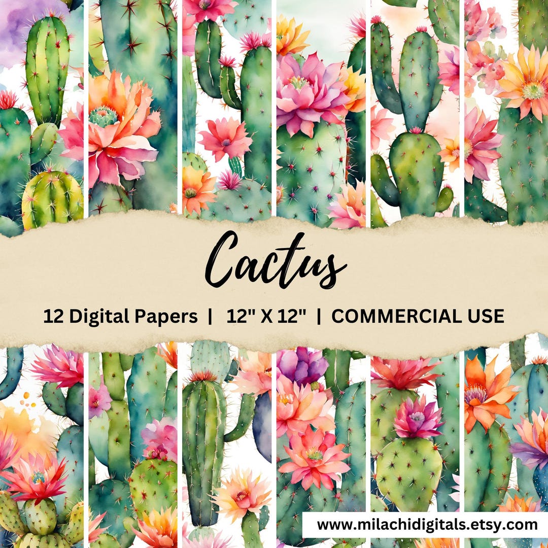 Cactus Digital Paper, Watercolor Cactus Backgrounds, Junk Journal Pages ...