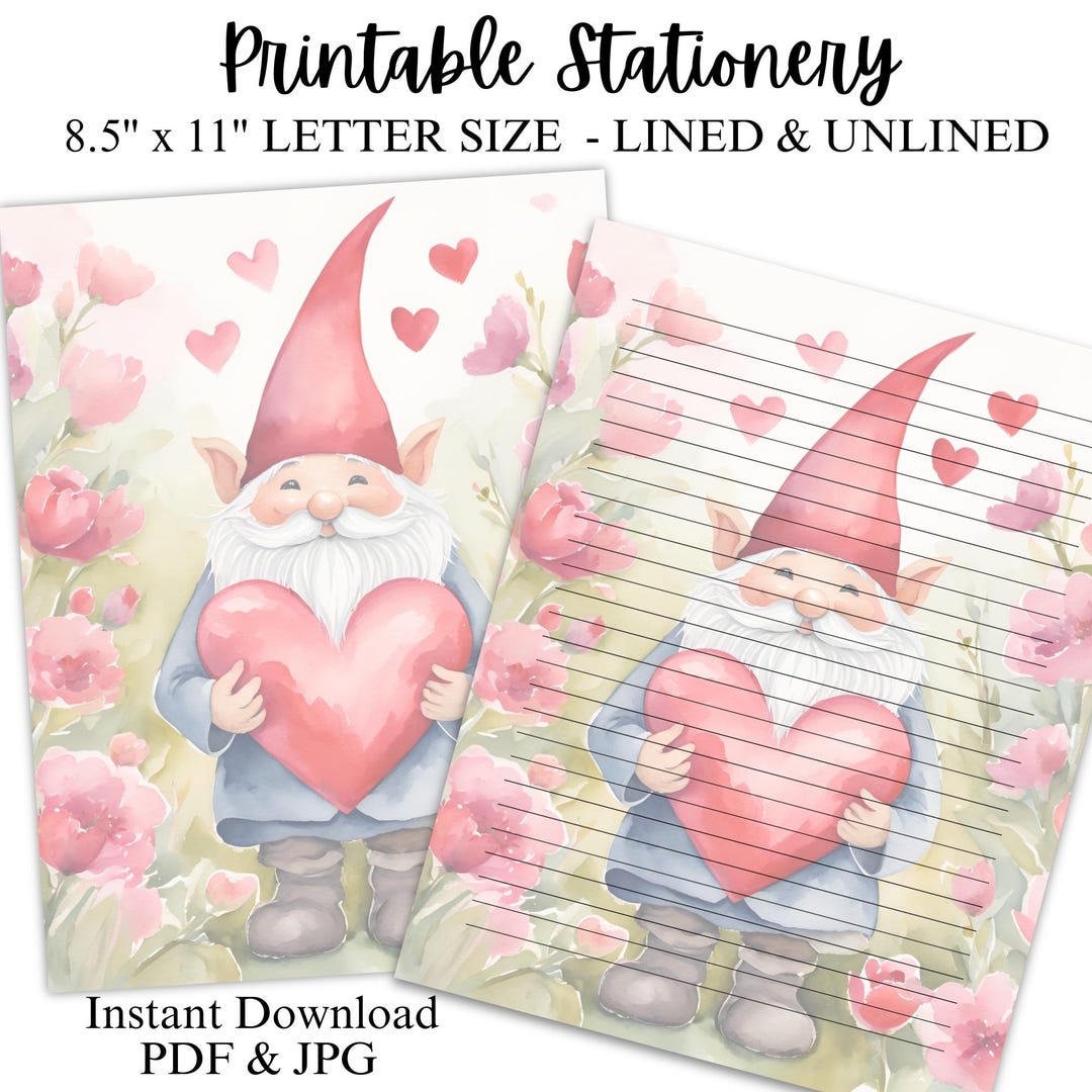 Valentine's Day Gnome Printable Writing Paper Stationery, Digital Paper ...