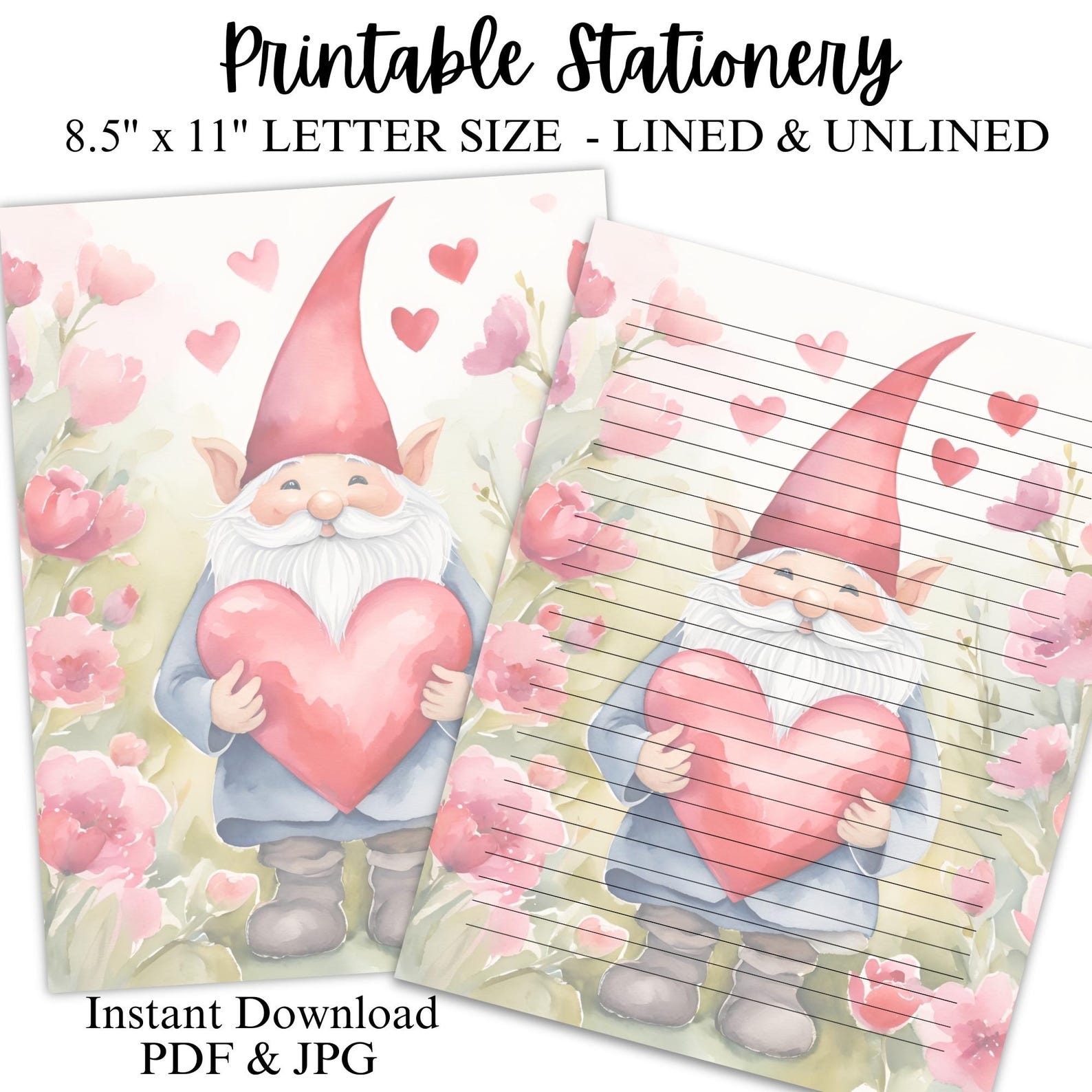 Valentine's Day Gnome Printable Writing Paper Stationery, Digital Paper ...