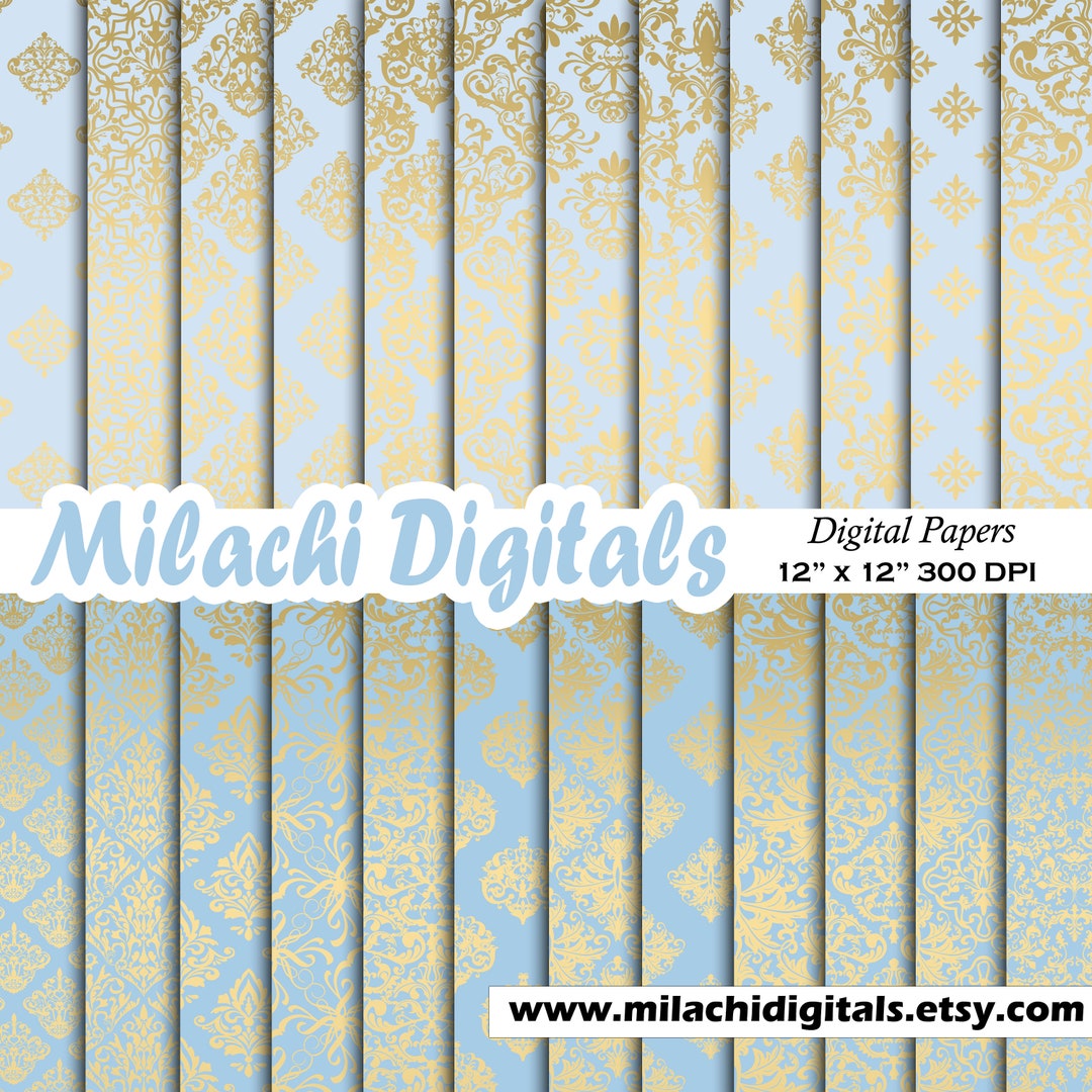 Blue and Gold Damask Digital Paper, Seamless Damask Patterns, Scrapbook ...