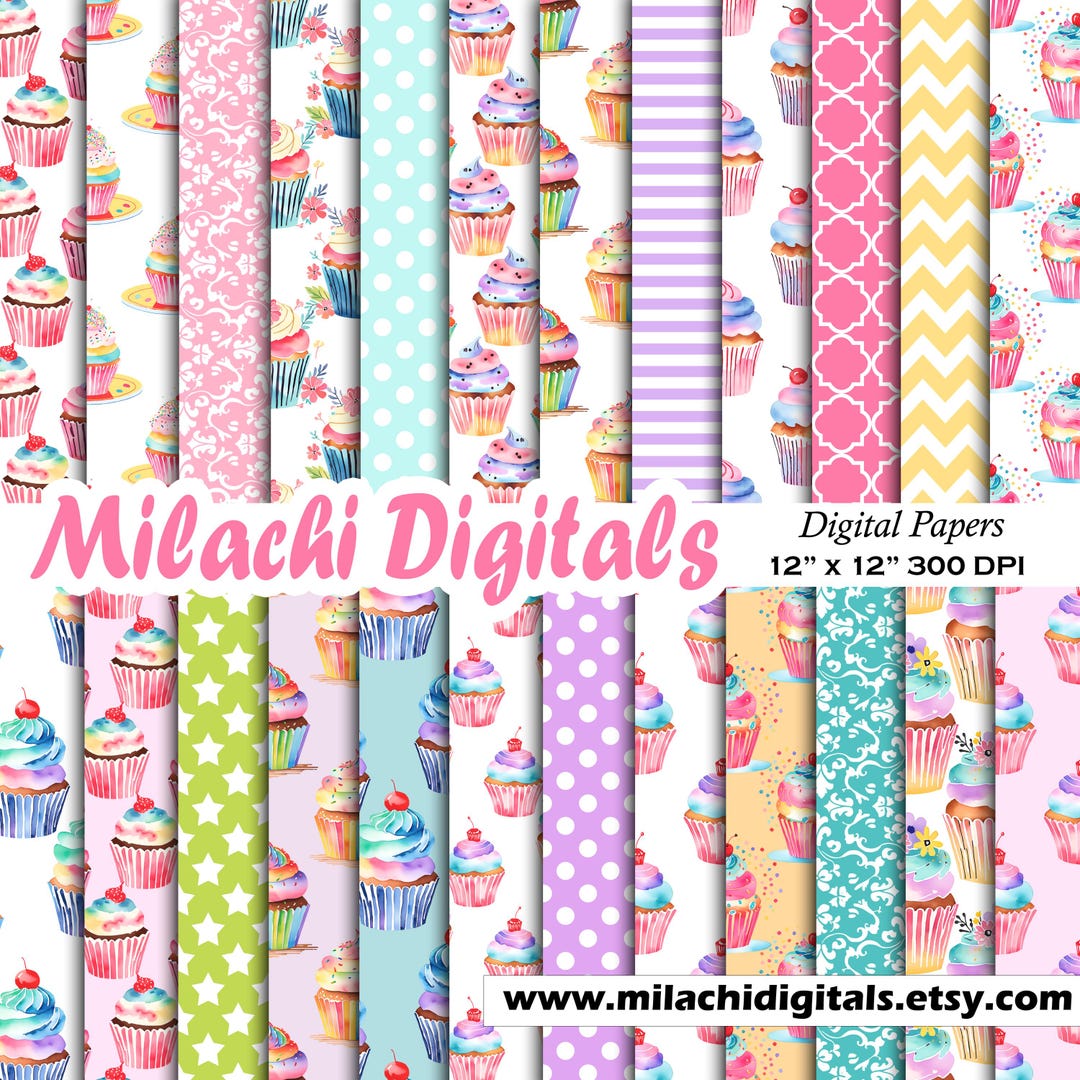 Cupcakes Digital Paper Seamless Pattern, 12"x12" Scrapbook Paper, Junk ...