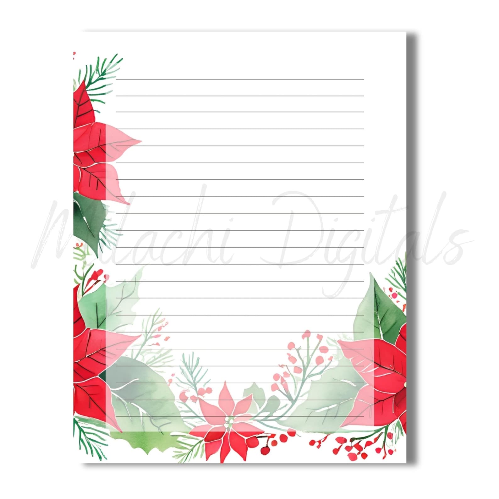 Printable Writing Paper Christmas Poinsettia Stationery, Digital Paper ...