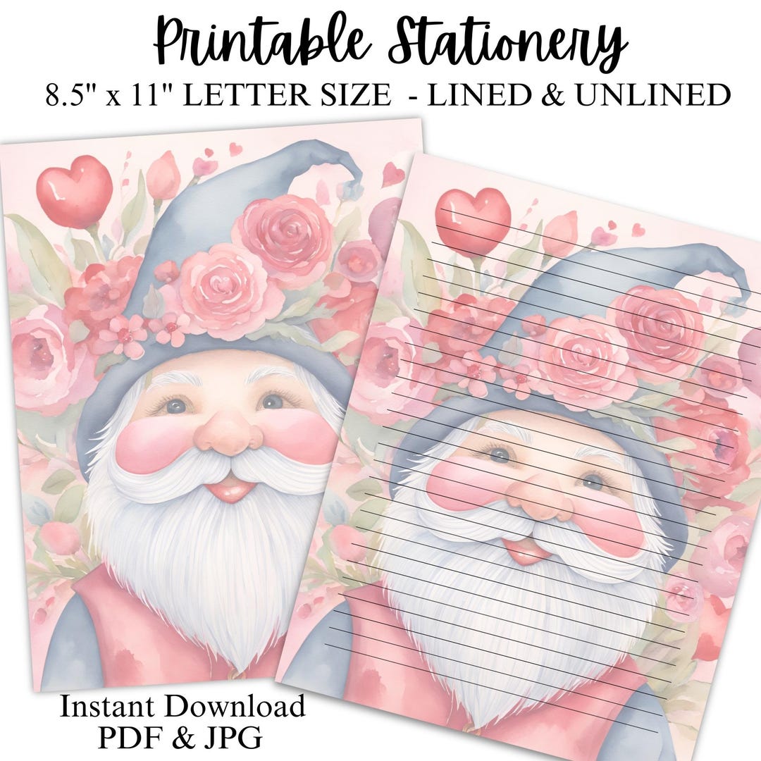 Valentine's Day Gnome Printable Writing Paper Stationery, Digital Paper ...