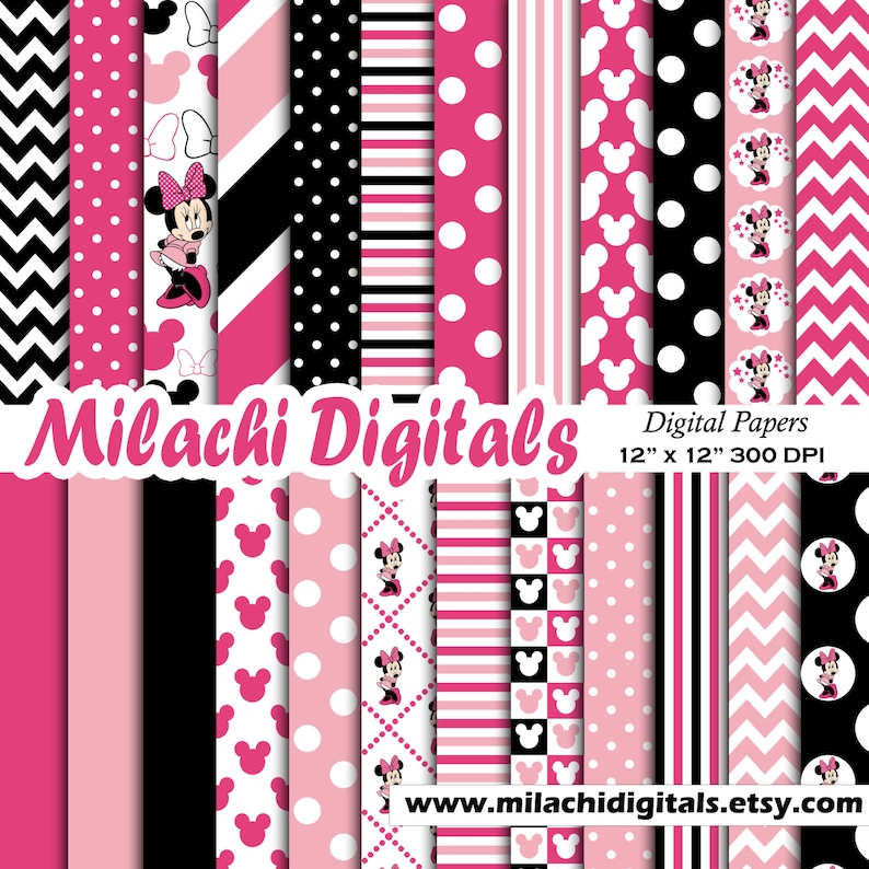 Minnie Mouse Digital Paper, Scrapbook Papers, Wallpaper, Minnie ...