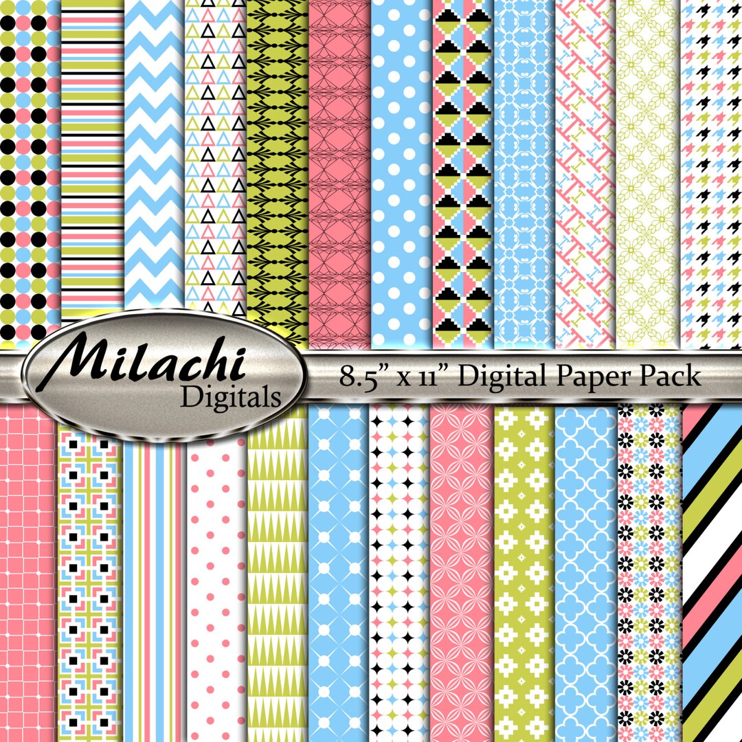 Pink Blue Green Black Digital Paper Pack - 8.5" X 11" - Commercial Use ...