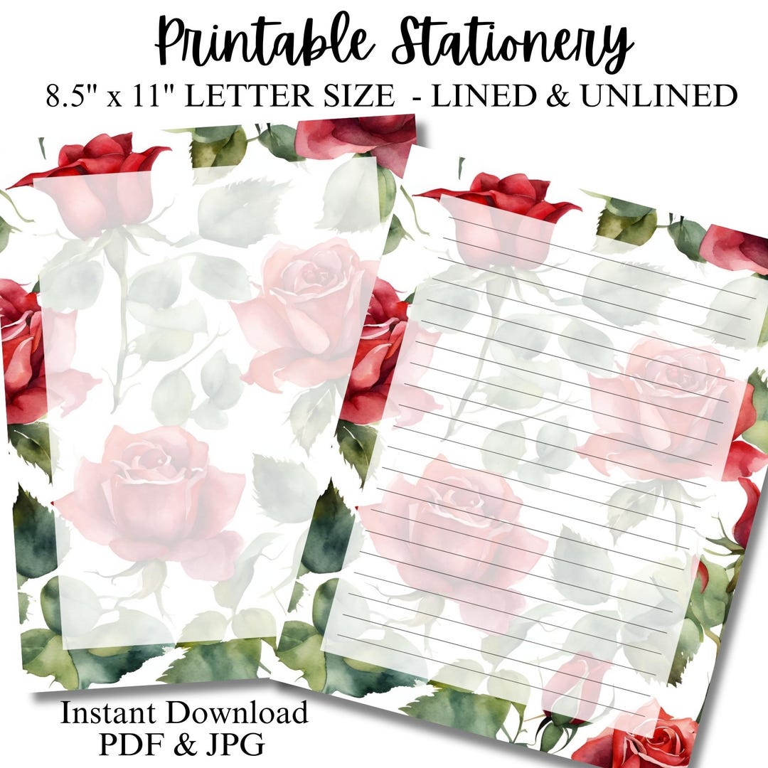 Red Roses Printable Writing Paper Stationery, Digital Paper for ...