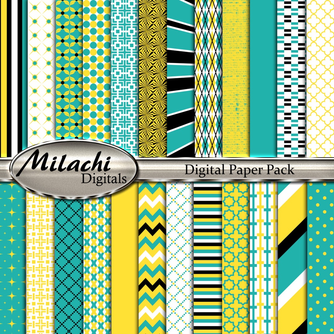 Light Sea Green and Yellow Digital Paper Pack, Scrapbook Papers ...