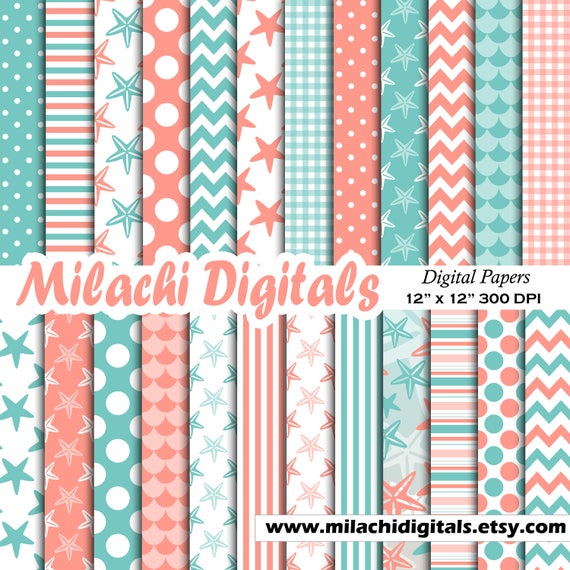 Starfish Digital Paper Scrapbook Papers Chevron Background - Etsy