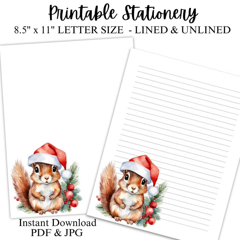Printable Christmas Squirrel Stationery, Holiday Digital Paper for ...