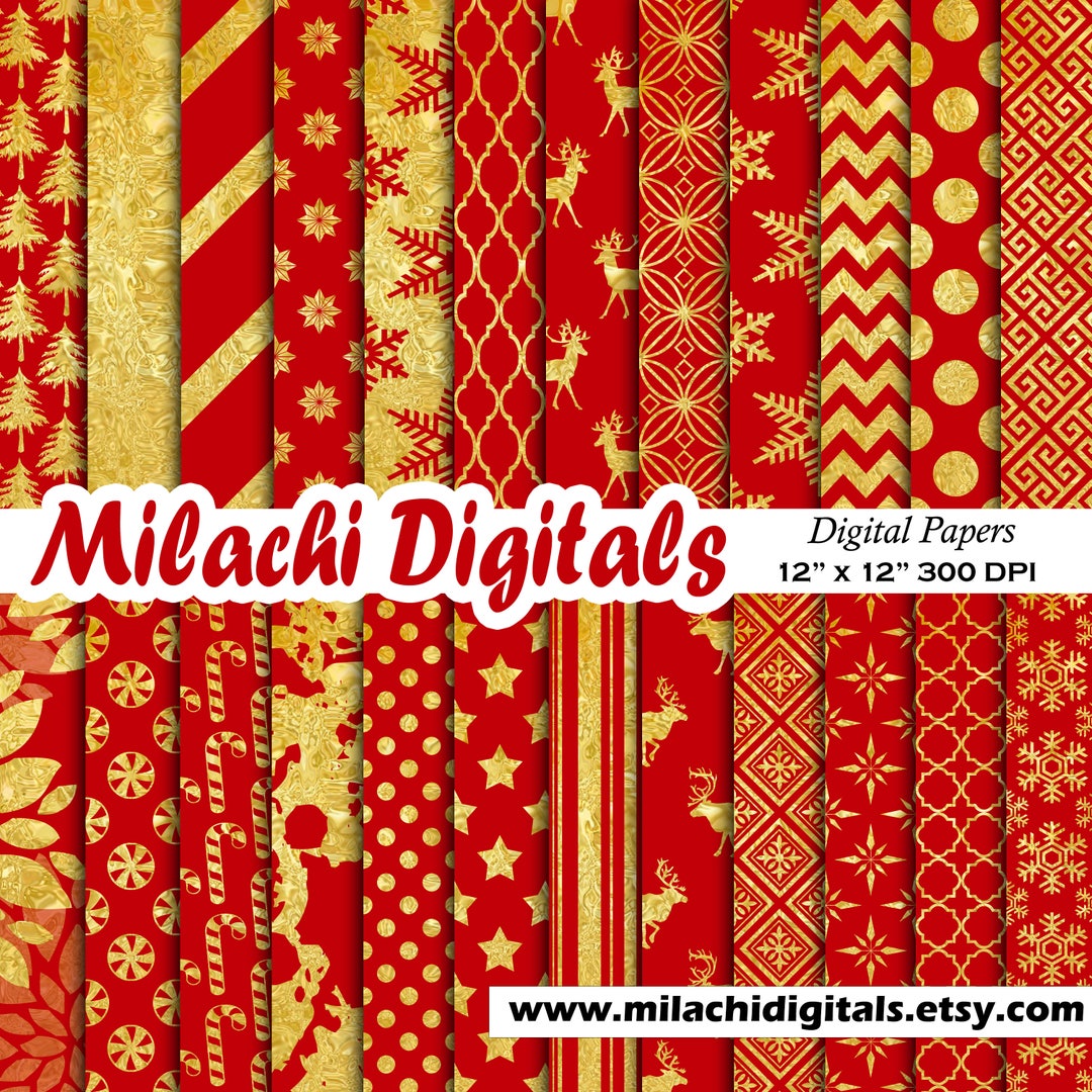 Red and Gold Christmas Digital Paper, Holiday Scrapbook Papers ...