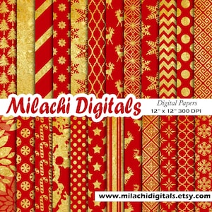 Red and Gold Christmas Digital Paper, Holiday Scrapbook Papers ...